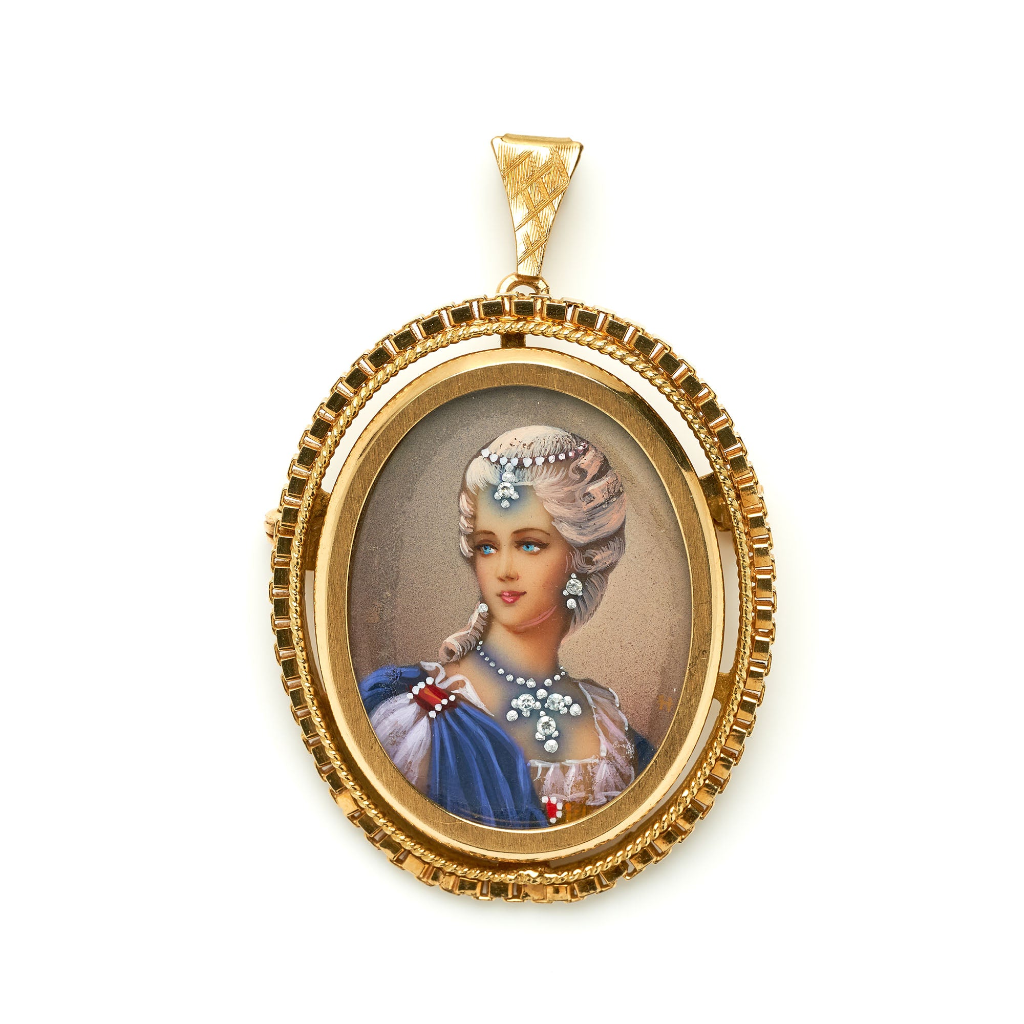 Estate "Corletto" Painted Portrait Diamond Convertible Pin-Pendant ...